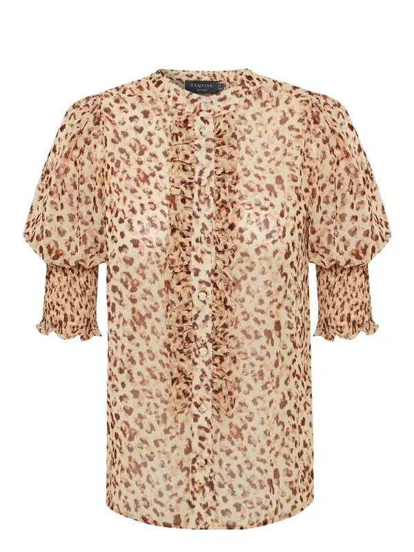 EXQUISE Patterned Chiffon Shirt With Ruffle Piping - Orange