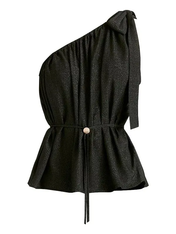 PAISIE Sparkled One-shoulder Bow Top - Black