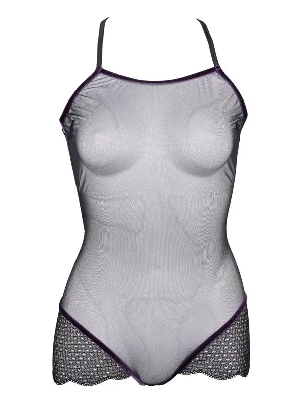LES JUPONS DE TESS Sheer Tulle Bodysuit With Velvet Ribbon Detail - Black/purple