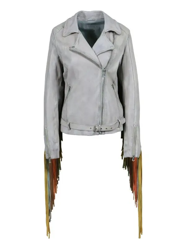 FREAKY NATION Leather Biker Jacket With Fringe - Grey