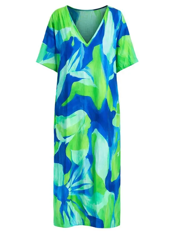 Haris Cotton Curve A-line Cami Printed Linen Dress - Blue/green