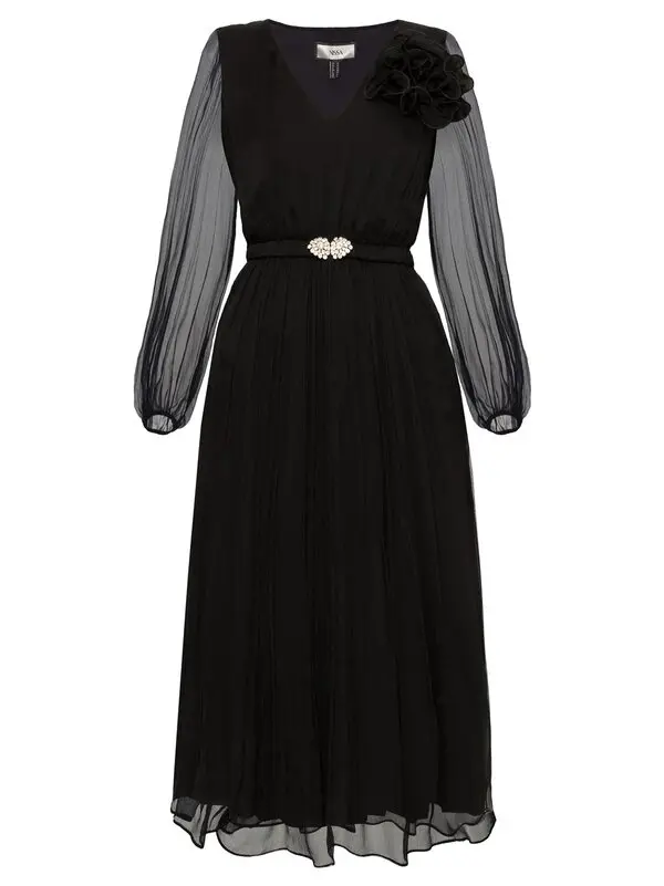 NISSA Floral-appliqué Silk Midi Dress - Black