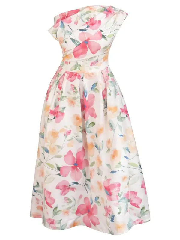 GIRL IN MIND Betty Asymmetric Neckline Skater Midi Dress - White