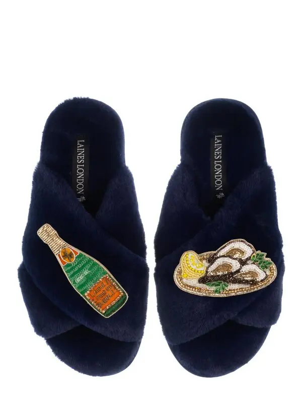 LAINES LONDON Classic Slippers With Oyster And Champagne Brooch - Blue