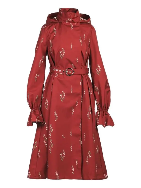 RAINSISTERS Floral Print Belted Waterproof Spring Coat - Red