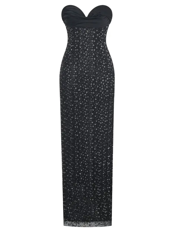 MISS CIRCLE NEW YORK Satin & Crystal Mesh Sheath Maxi Dress - Black