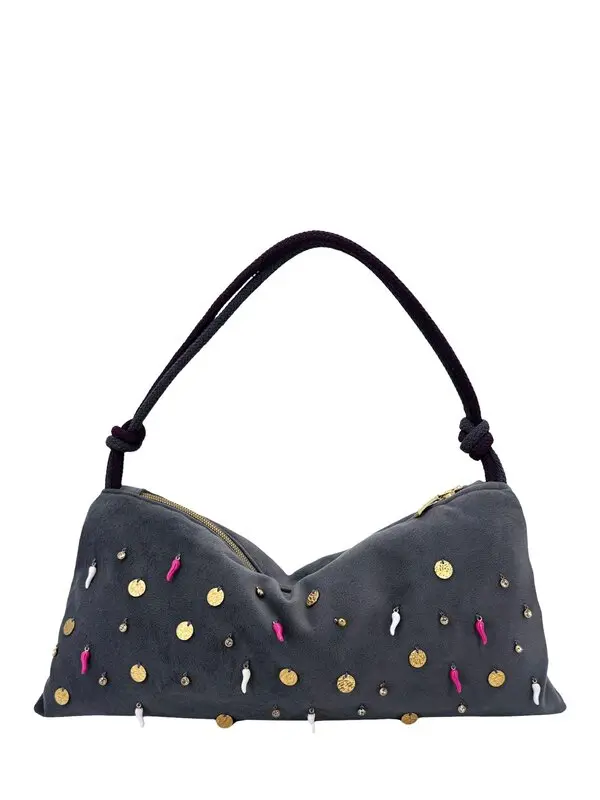 HILO DE MAR Handmade Velvet Shoulder Bag With Charms - Grey
