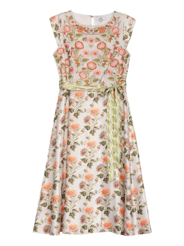 NIZA Printed Midi Dress With Floral Embroidery And Belt - Brown