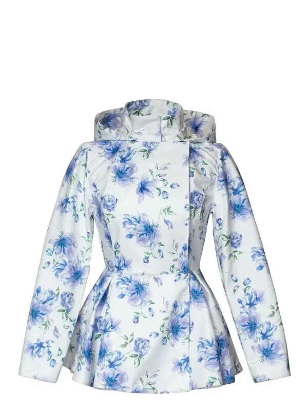 RAINSISTERS Floral Printed Jacket With Detachable Hood - White/blue