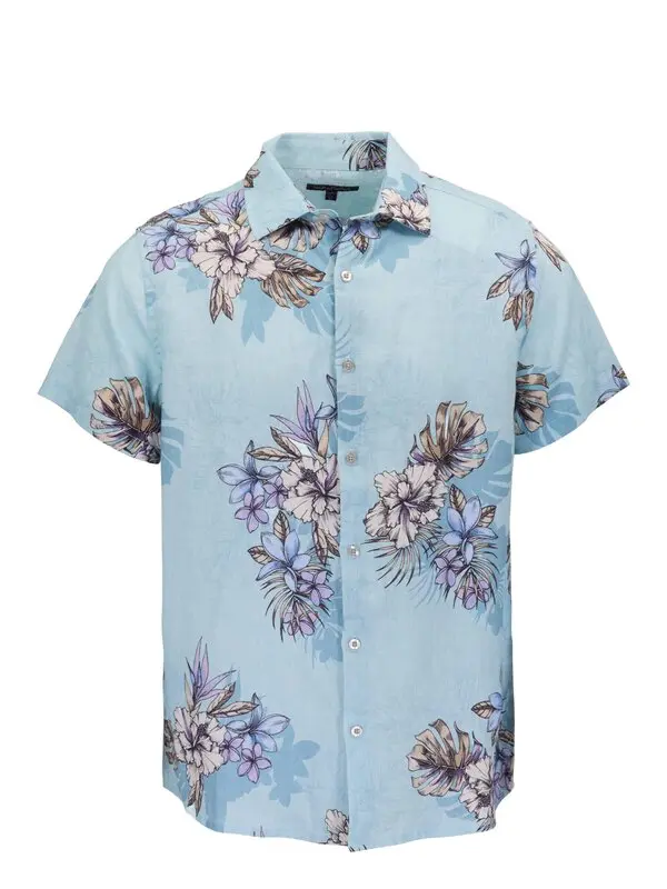 LORDS OF HARLECH Loic Exotic Floral Teal Linen Printed Shirt - Blue