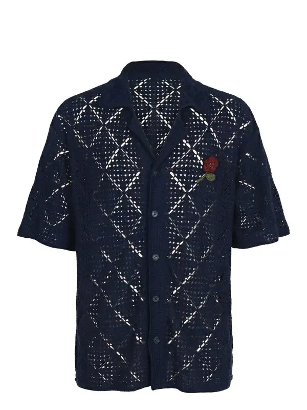 MODENAIRE Open Knit Short Sleeve Shirt With Floral Embroidered Detail - Blue