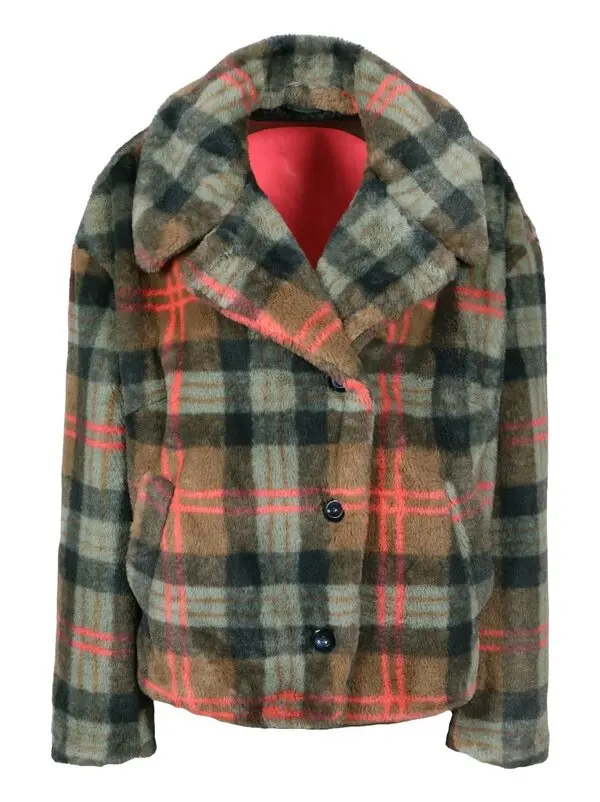 FREAKY NATION Faux Fur Check Jacket - Brown/gray/green/orange