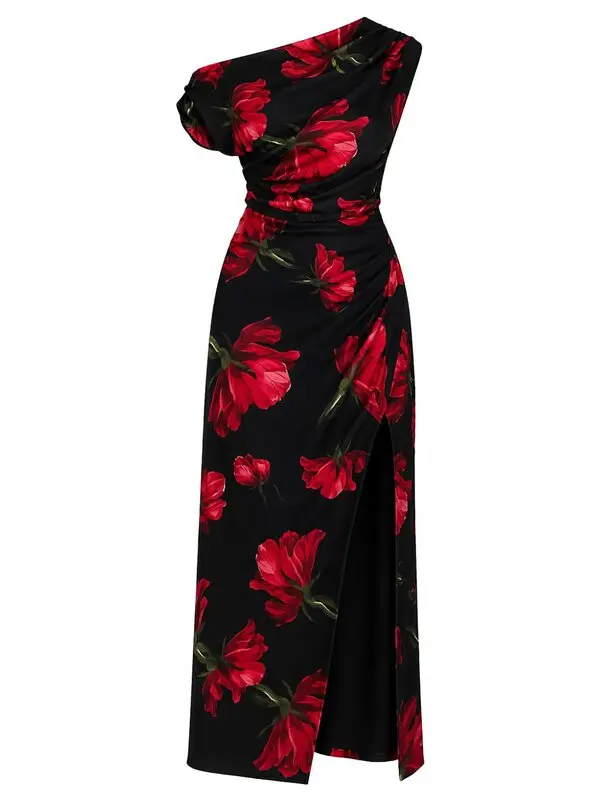 GIRL IN MIND Ariana Asymmetric Floral Midi Dress - Red