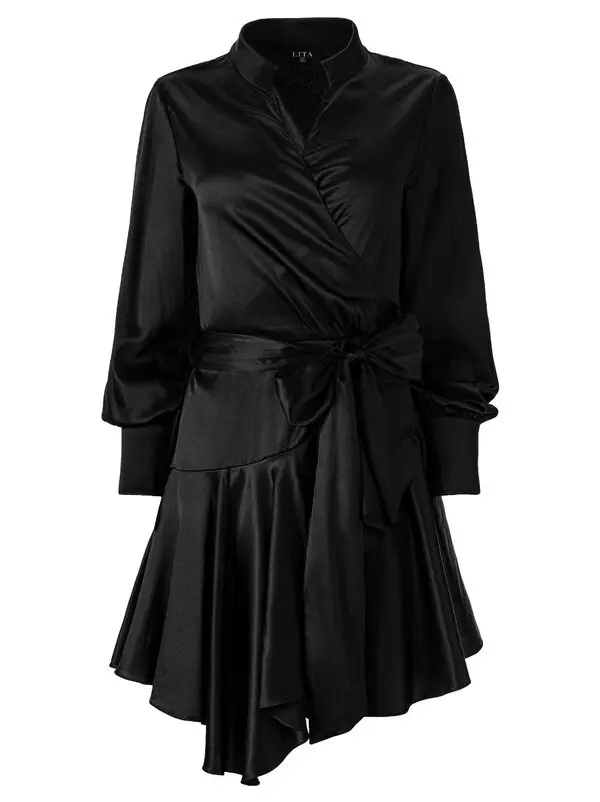 LITA COUTURE Ruffle Hem Silk Wrap Dress - Black