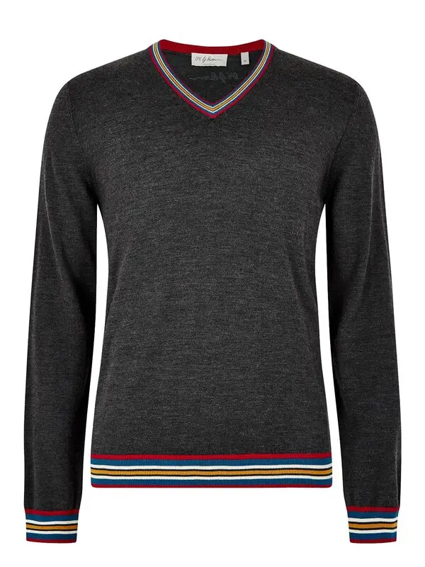 MG RIVERS Extra-fine Merino & Silk V-neck Sweater With Striped Trim - Grey