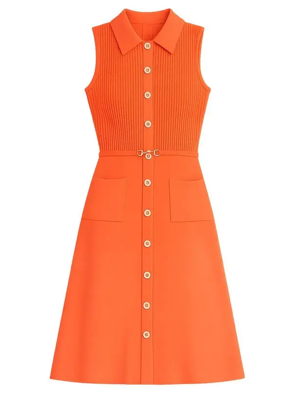 YUMI Rib Knitted Skater Dress With Buckle Detail - Orange
