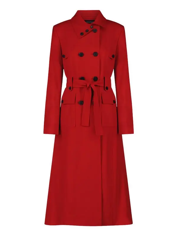 ELIZABETH DIAMANT Wool Belted Trench Coat With Asymmetrical Collar - Red