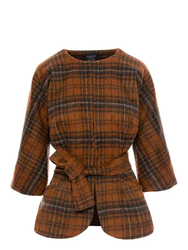AVENUE N°29 Checked Wool Cape With Belt - Brown