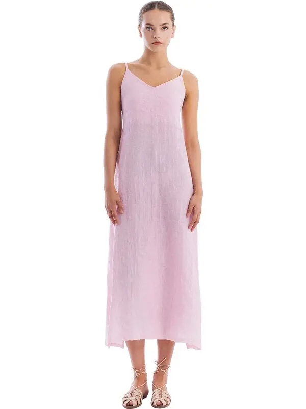 Haris Cotton Maxi Striped Linen Dress With Straps - Pink