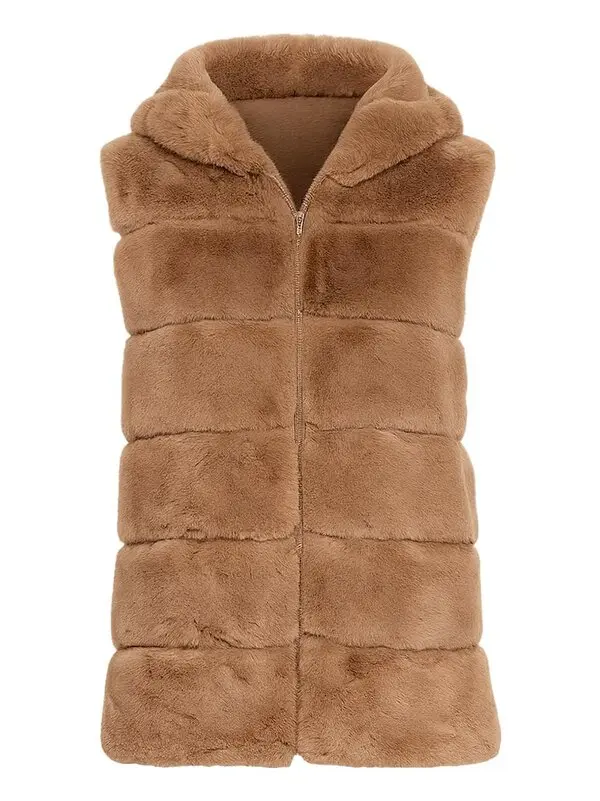 TANTRA SPAIN SL Faux Fur Vest With Hood And Zip Closure - Beige