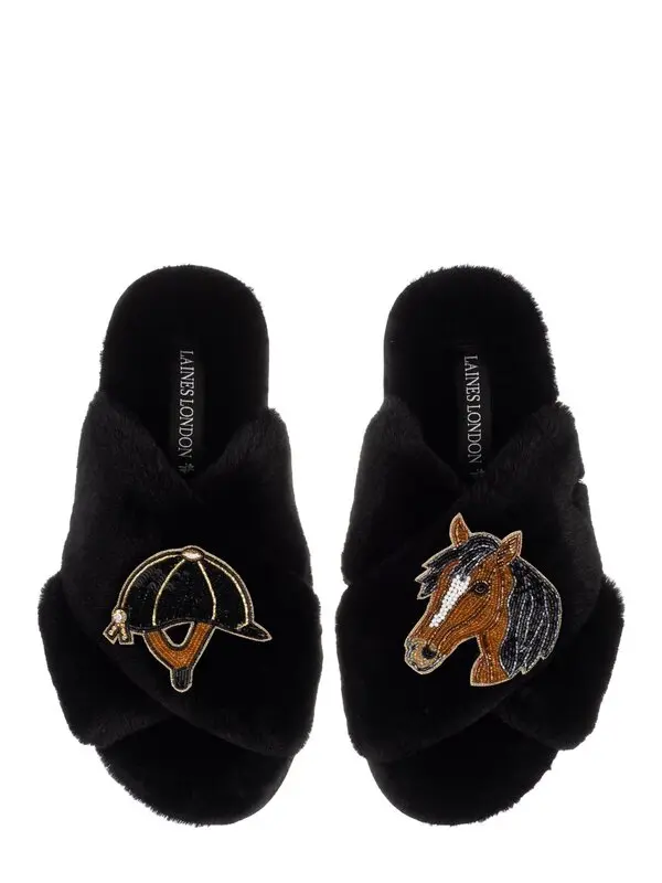 LAINES LONDON Classic Laines Slippers With Brooches - Black