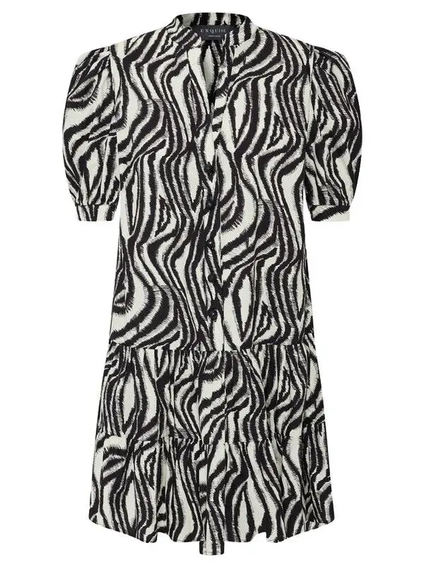 EXQUISE Zebra Print Tiered Mini Dress - Black