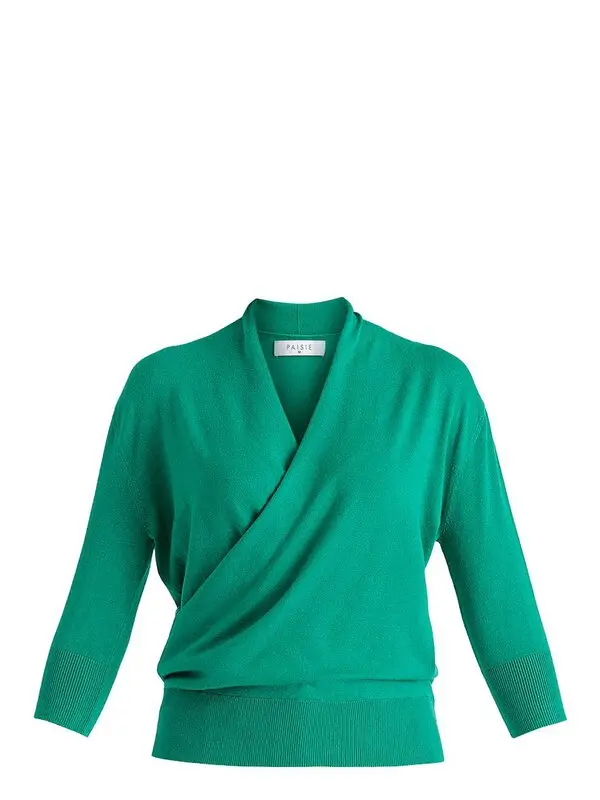 PAISIE Knit Wrap Top With 3/4 Sleeves - Green