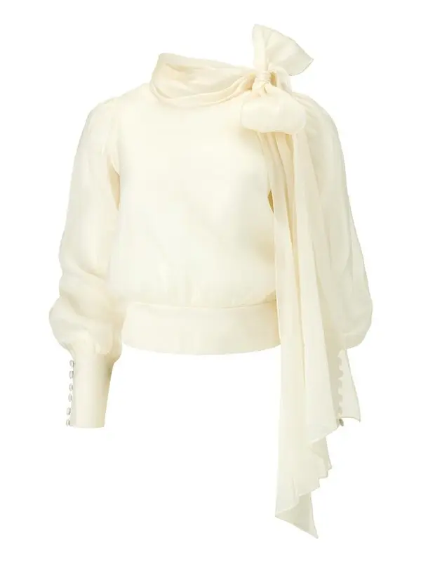 LITA COUTURE Organza Silk Tie-neck Blouse - White