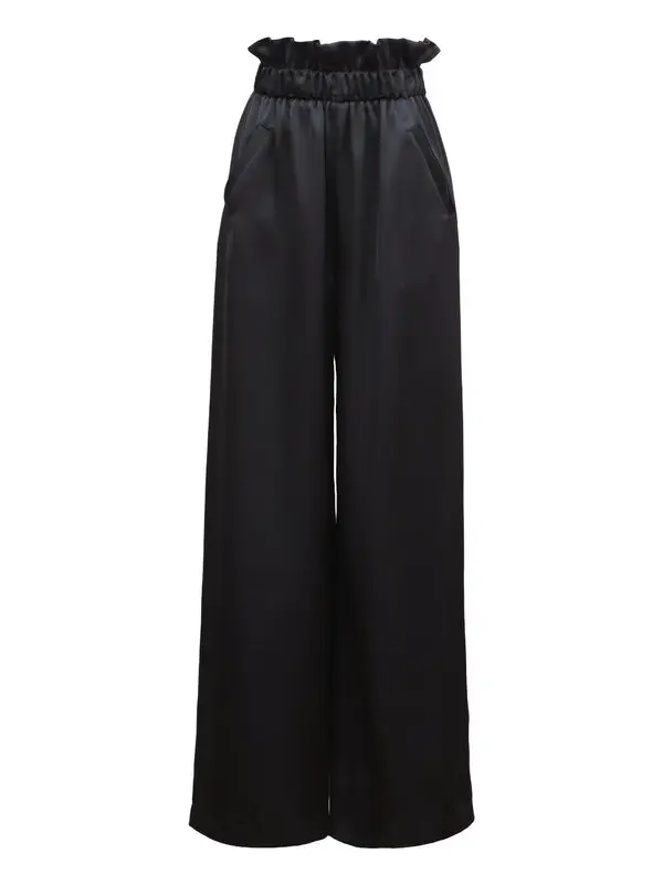JULIA ALLERT Satin Wide-leg Trousers With Ruffled Waist - Black