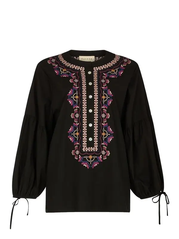 RAFFYA Anai Embroidered Blouse - Black