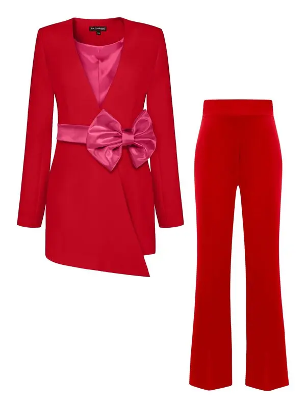TIA DORRAINE Stretch Crêpe Power Suit With Bow Belt - Red/pink