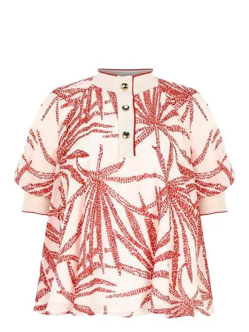 EXQUISE Relaxed Fit Leaf-patterned Blouse - Red
