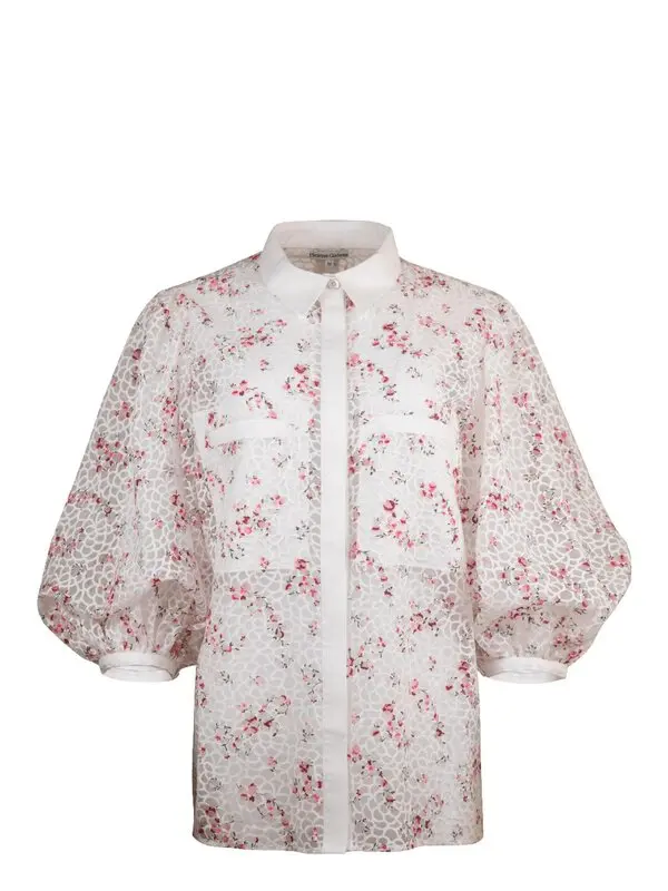 HELENE GALWAS Floral Sheer Blouse With Balloon Sleeves - White/pink