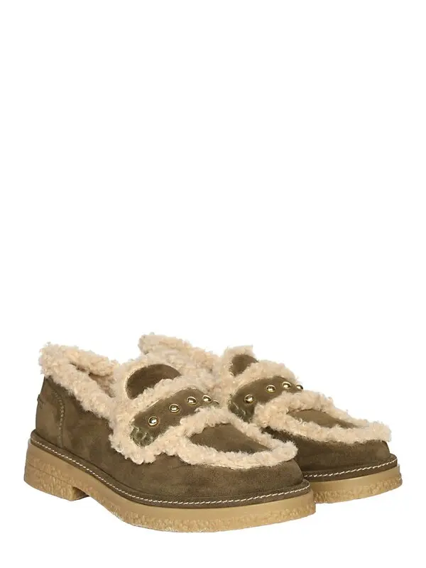 JELAVU Suede Loafers With Faux Fur Trim - Green