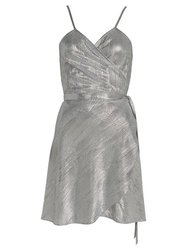 ROSES ARE RED Eloise Metallic Pleated Mini Wrap Dress - Silver/white/grey