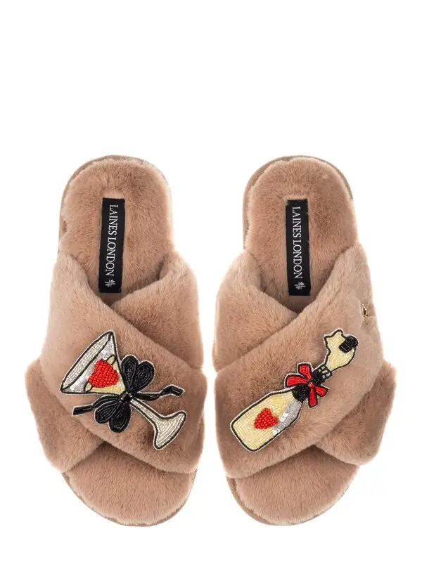LAINES LONDON Classic Slippers With Champagne Brooches - Brown