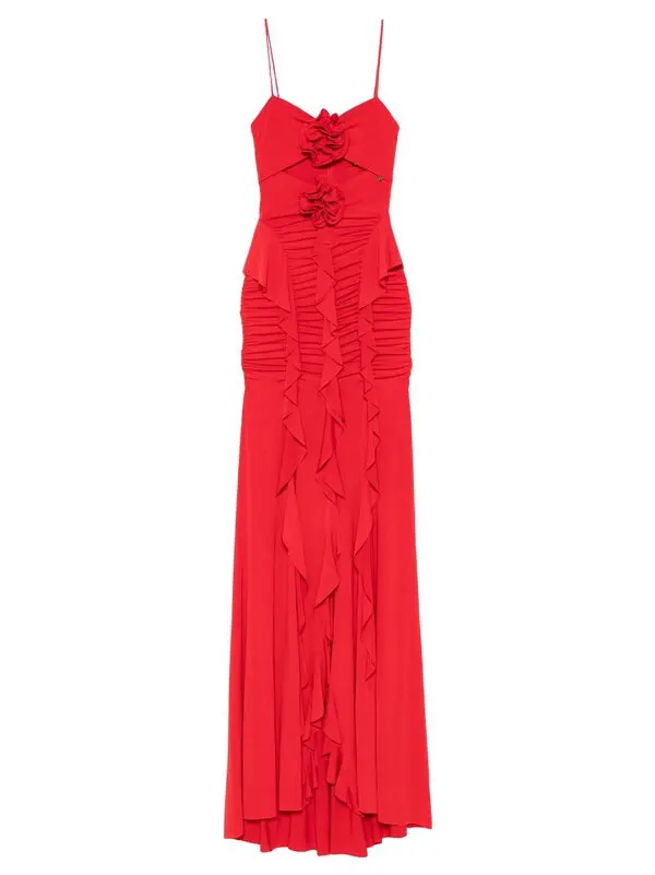 NISSA Floral-appliqué Ruffled Maxi Dress - Red