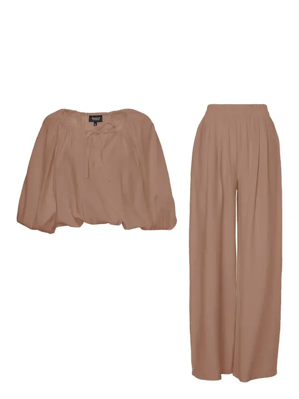 BLUZAT Linen Blouse And Wide Leg Trousers Set - Brown