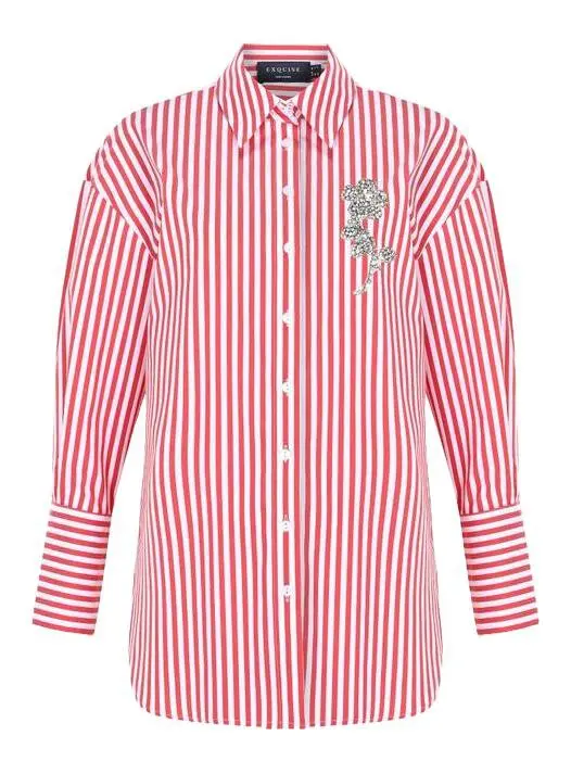 EXQUISE Stone Embellished Striped Poplin Shirt - Red