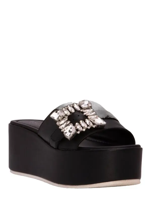 BEAUTIISOLES BY ROBYN SHREIBER Dita Leather Wedge Espadrille Slide - Black