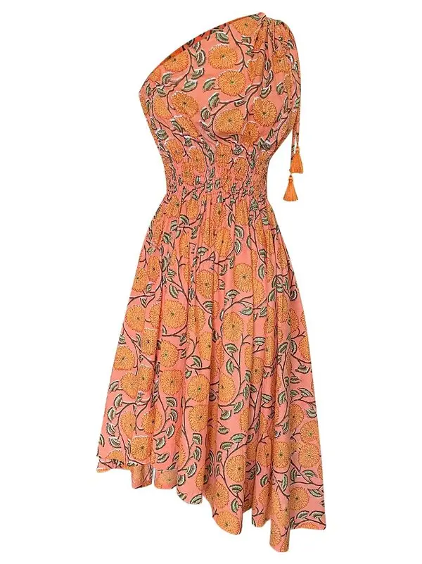 PICK HAPPY One-shoulder Floral Print Dress With Silk Tassels - Orange