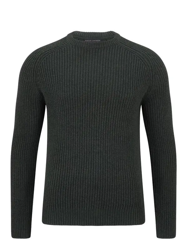 PAUL JAMES KNITWEAR Heavyweight Cotton Clark Fisherman Rib Knit Jumper - Green