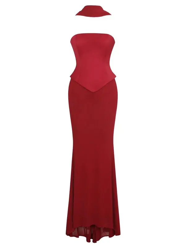 MISS CIRCLE NEW YORK Giselle Peplum Mermaid Gown With Chiffon Scarf - Red