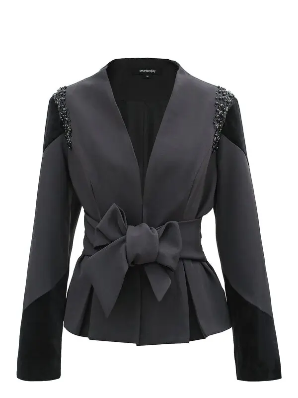 SMART AND JOY Bi-material Blazer With Embroideries And Knotted Belt - Black