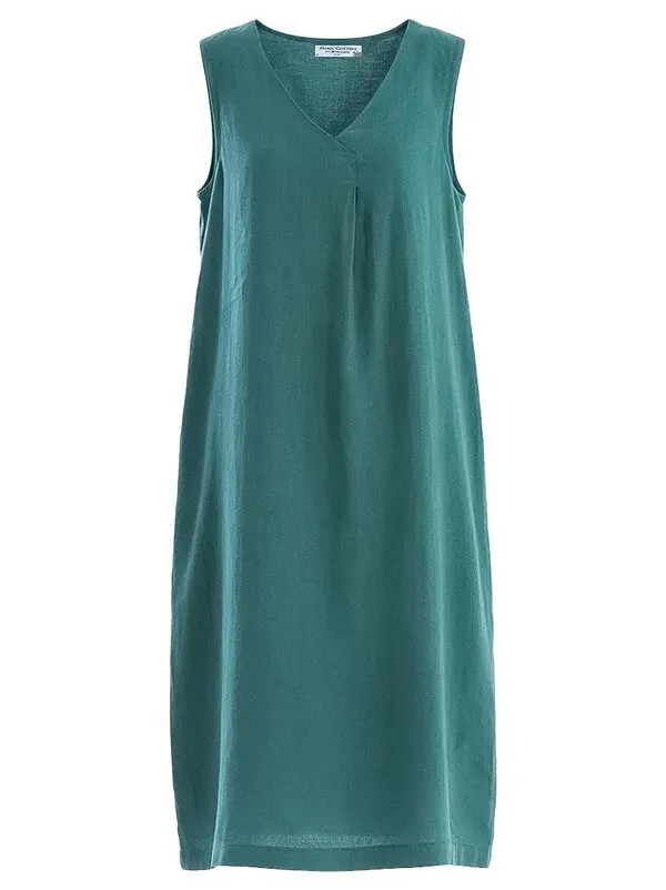 Haris Cotton Sleeveless Linen Dress With Elastic Band - Green