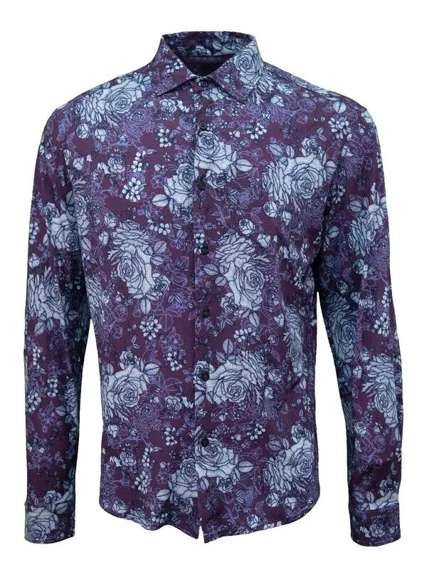 LORDS OF HARLECH Sherlock Roma Floral Tailored Merino Shirt Plum - Purple