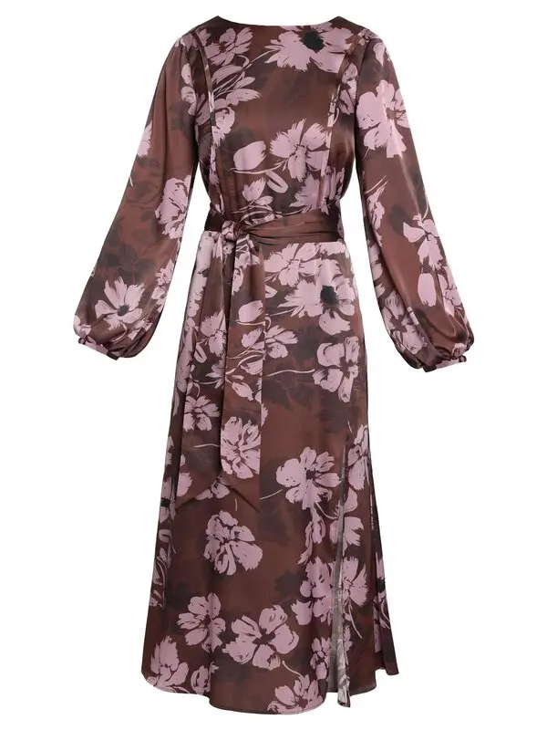 Santorelli Floral Twill Crepe Parker Fit & Flare Midi Dress With Lantern Sleeves - Pink/purple