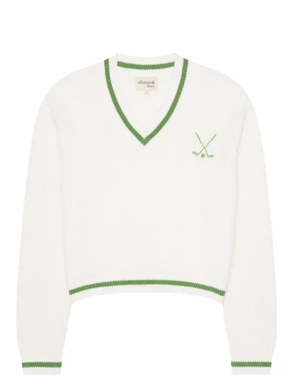 ELLSWORTH + IVEY Golf Club Varsity V-neck Pullover Sweater - White