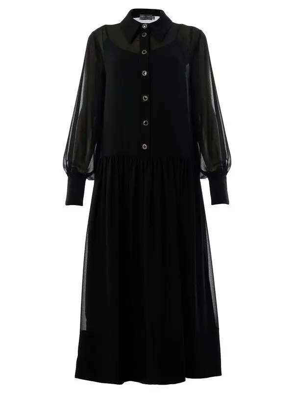 EXQUISE Collared Long Sleeve Dress - Black