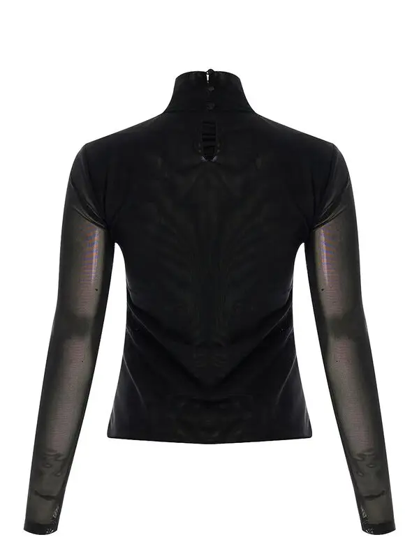 EXQUISE Draped Mesh Turtleneck Blouse - Black/brown